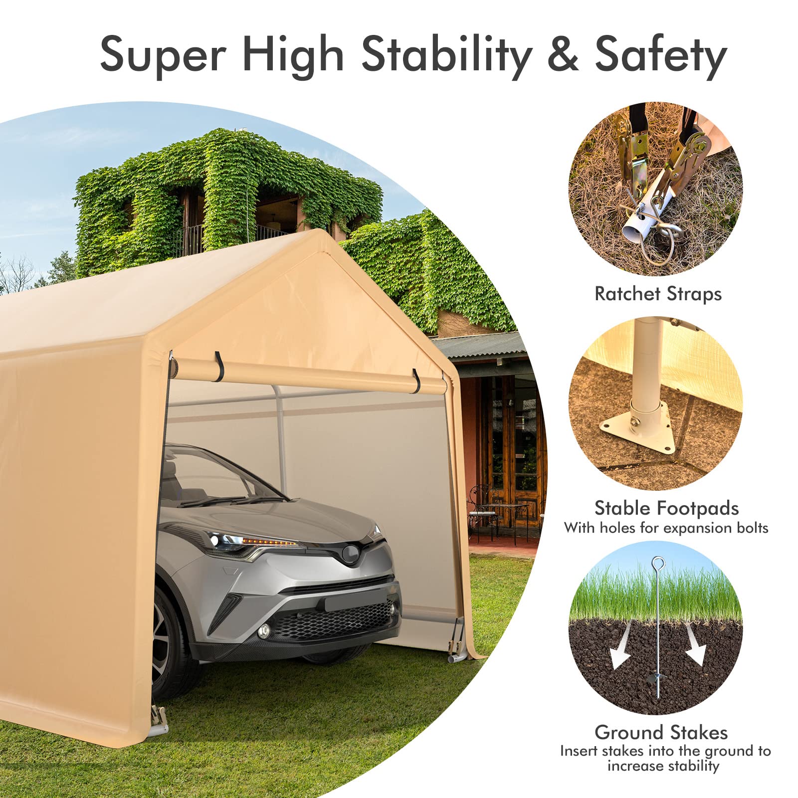 GYMAX Carport, Portable Garage with Roll Up Removable Doors, All Season Car Canopy for Truck, Boat, RV, Heavy Duty Galvanized Steel Metal Carport Tent Shelter for Wedding, Picnic, Camping