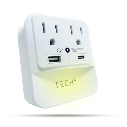 Tech2 Surge Protector with Night Light, 2 Outlet Power Strip with 2 (Smart 2.4A Total) USB-A and C Ports Adapter for Home, School, or Office