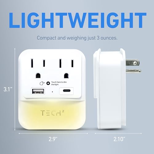 Tech2 Surge Protector with Night Light, 2 Outlet Power Strip with 2 (Smart 2.4A Total) USB-A and C Ports Adapter for Home, School, or Office