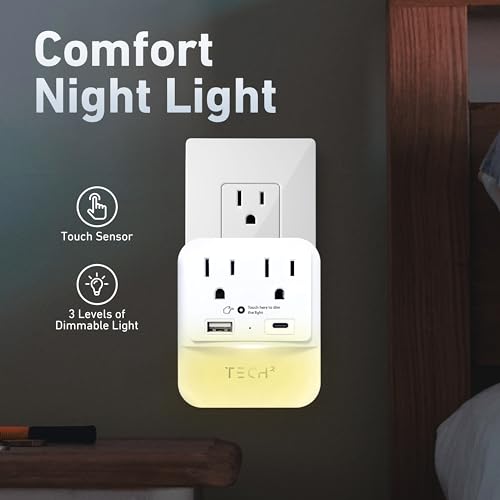 Tech2 Surge Protector with Night Light, 2 Outlet Power Strip with 2 (Smart 2.4A Total) USB-A and C Ports Adapter for Home, School, or Office