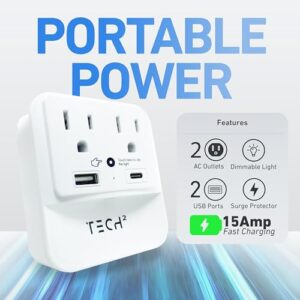 Tech2 Surge Protector with Night Light, 2 Outlet Power Strip with 2 (Smart 2.4A Total) USB-A and C Ports Adapter for Home, School, or Office