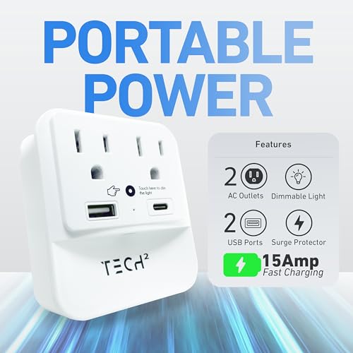 Tech2 Surge Protector with Night Light, 2 Outlet Power Strip with 2 (Smart 2.4A Total) USB-A and C Ports Adapter for Home, School, or Office