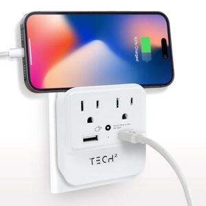 Tech2 Surge Protector with Night Light, 2 Outlet Power Strip with 2 (Smart 2.4A Total) USB-A and C Ports Adapter for Home, School, or Office