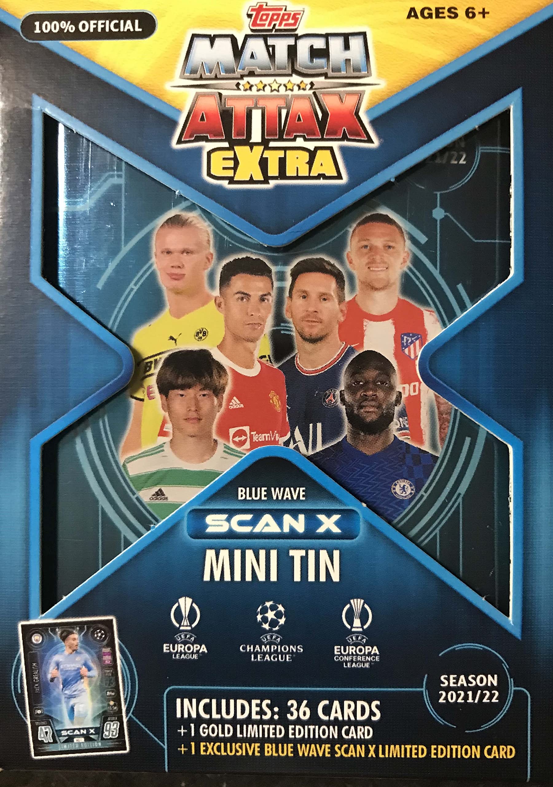 2021 2022 Topps Match Attax EXTRA Edition BLUE WAVE version Champions League UEFA Soccer Mini Tin with a Jack Grealish Limited Edition Blue Wave Scan X Card