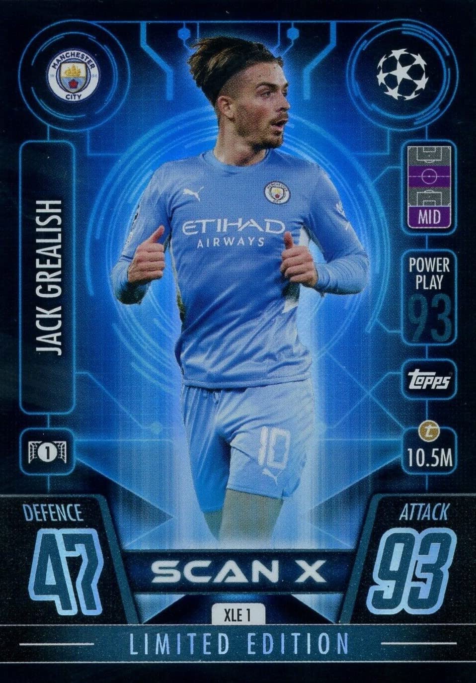 2021 2022 Topps Match Attax EXTRA Edition BLUE WAVE version Champions League UEFA Soccer Mini Tin with a Jack Grealish Limited Edition Blue Wave Scan X Card