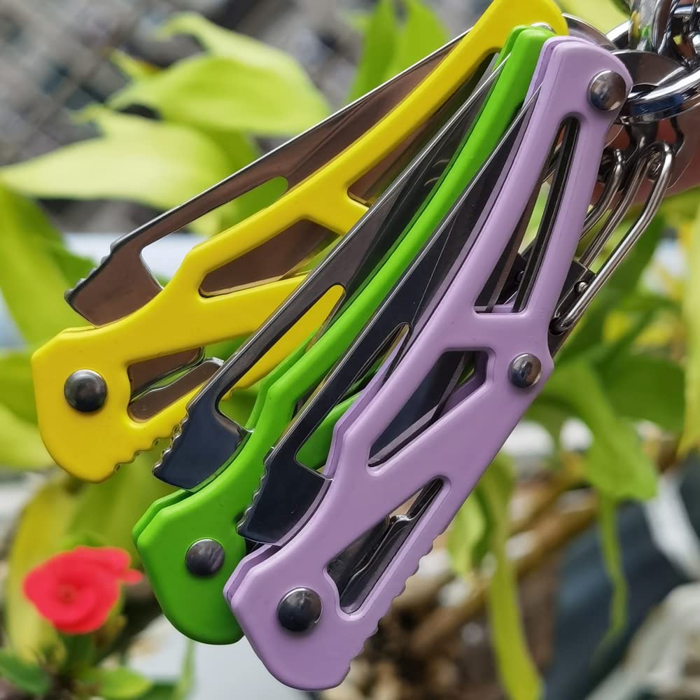 6 Pack Stainless Steel Folding Knife (2Yellow 2Purple 2Green) With Key Ring, Outdoor Survival Pocket Knife