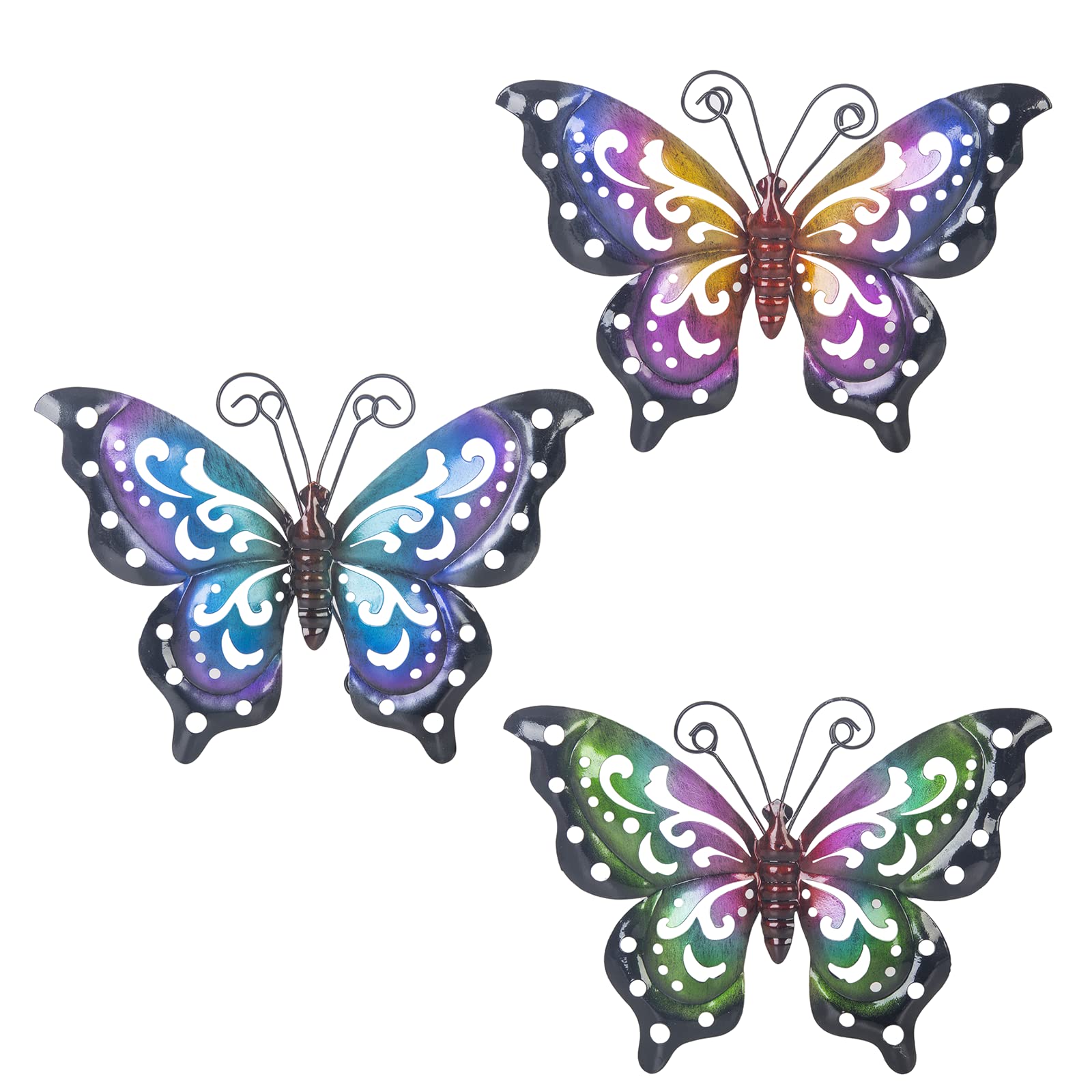 dreamskip 3 Pack Metal Butterfly Wall Art Outdoor Decor, Butterflies Spring Wall Sculpture Hanging Metal Wall Decorations for Garden, Patio, Fence, Yard, Living Room, Bedroom