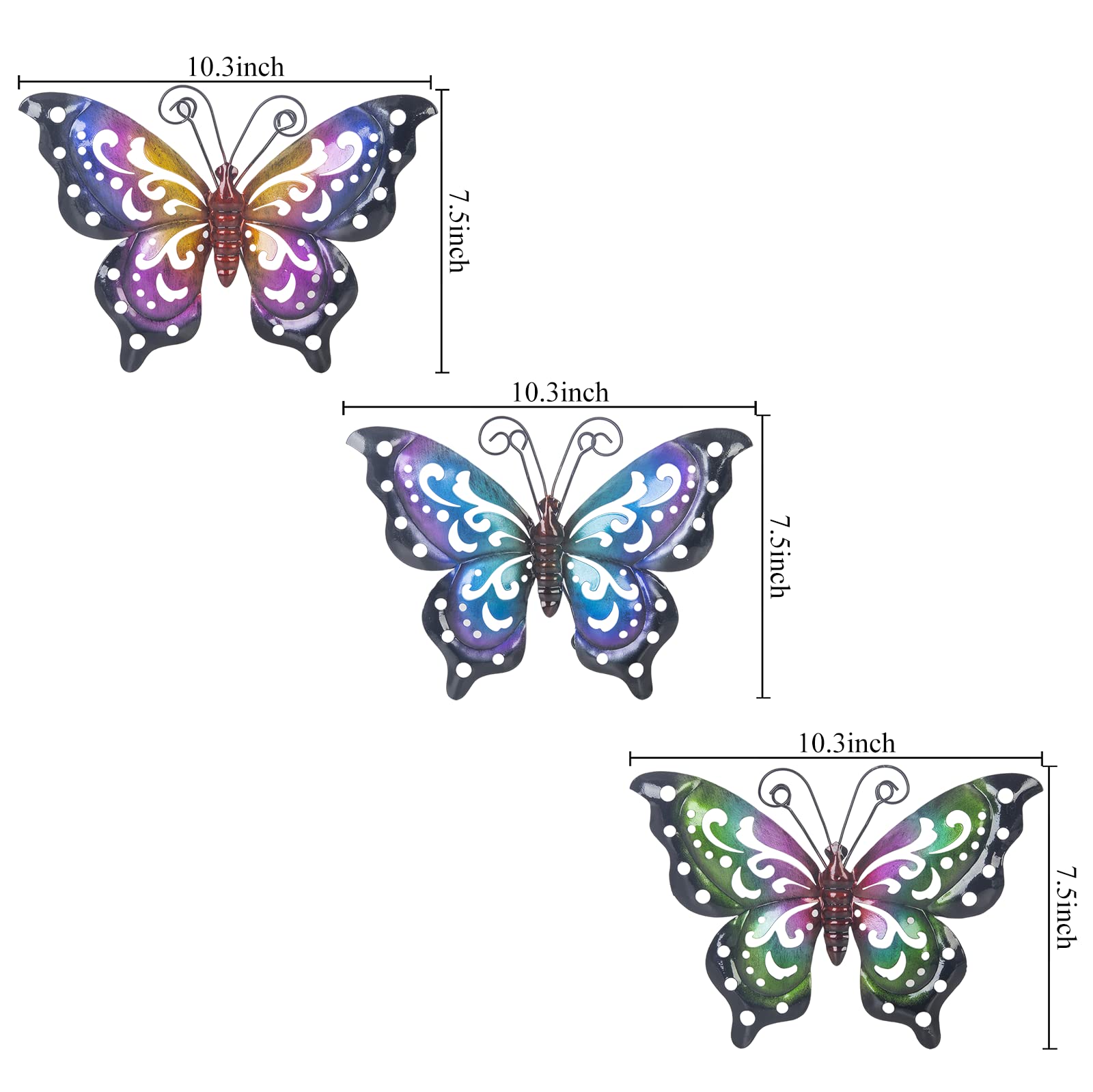 dreamskip 3 Pack Metal Butterfly Wall Art Outdoor Decor, Butterflies Spring Wall Sculpture Hanging Metal Wall Decorations for Garden, Patio, Fence, Yard, Living Room, Bedroom