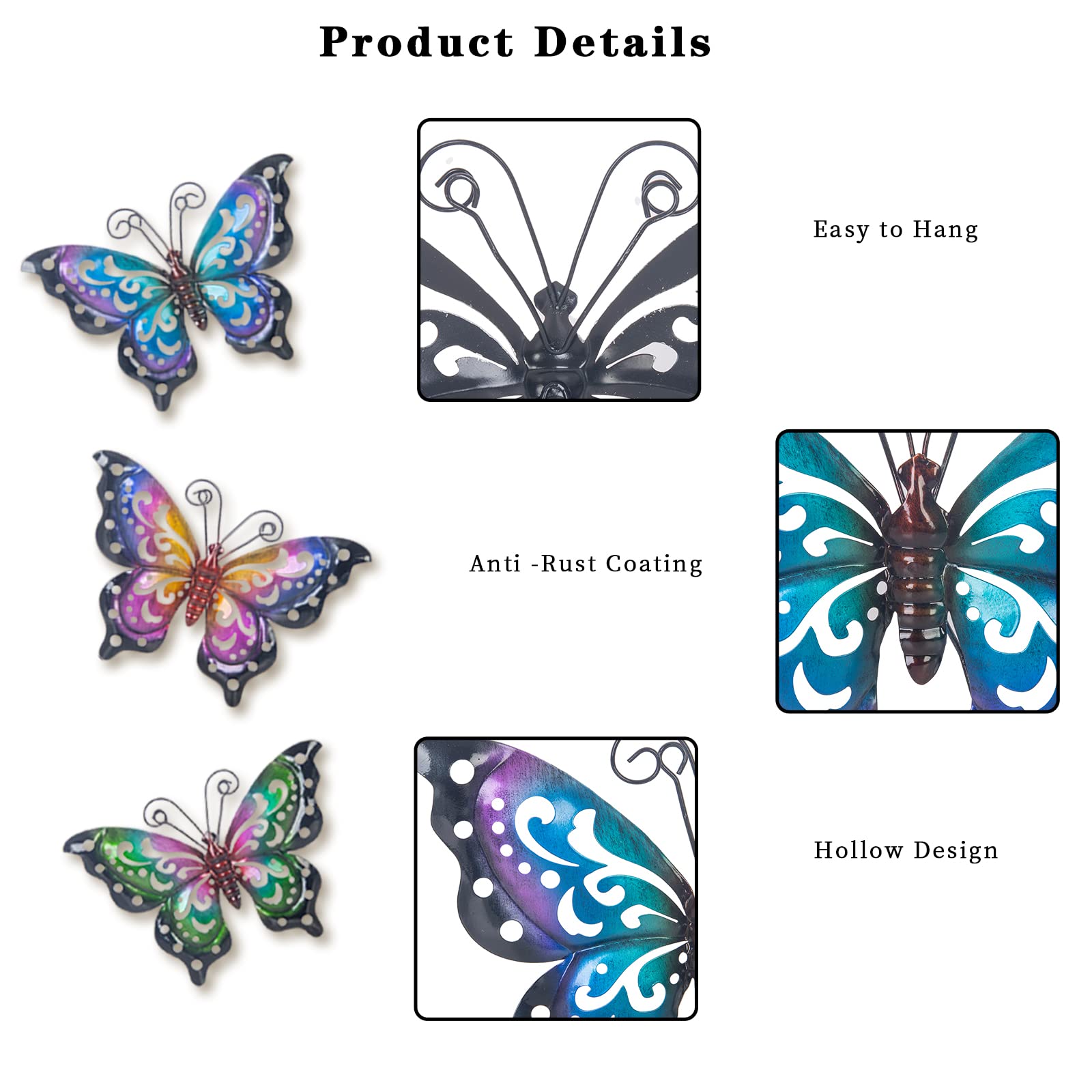 dreamskip 3 Pack Metal Butterfly Wall Art Outdoor Decor, Butterflies Spring Wall Sculpture Hanging Metal Wall Decorations for Garden, Patio, Fence, Yard, Living Room, Bedroom