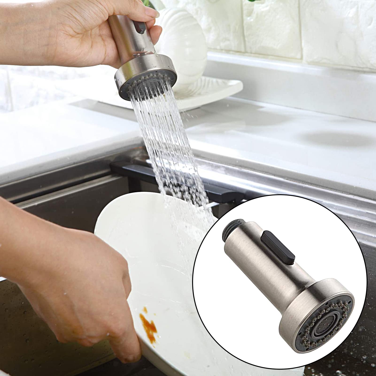 Kitchen Shower Head, Simple Angled Kitchen Sink Faucet Parts, Pull Down Faucet Sprayer Head Nozzle, High Durability Corrosion ABS Pull Down Sprinkler Kitchen Supplies Stainless Steel