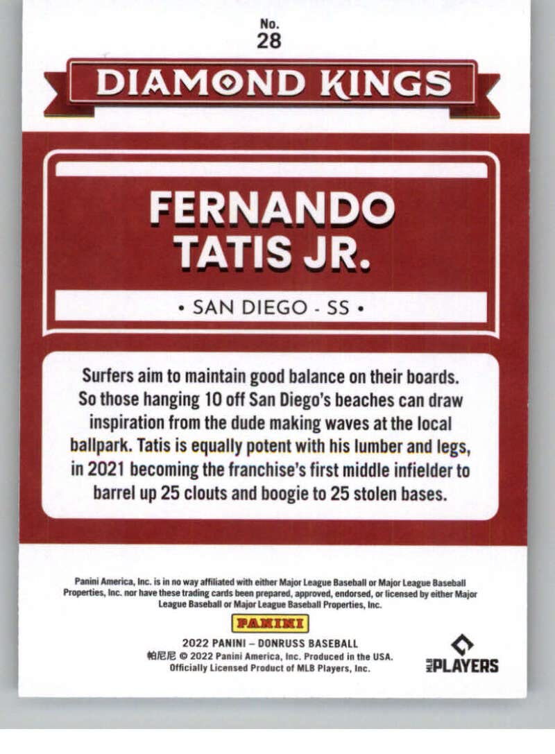 2022 Donruss #28 Fernando Tatis Jr. San Diego Padres Diamond Kings Official MLB PA Baseball Card in Raw (NM or Better) Condition