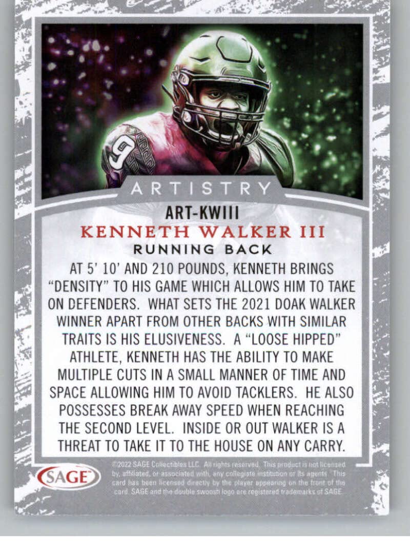 2022 Sage High Series Artistry #ART-KWIII Kenneth Walker III Michigan State Pre NFL Football Trading Card in Raw (NM or Better) Condition