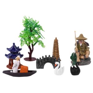 ganazono desk decor miniature fisherman figurine accessories chinese statue mini pond ornament miniature pagoda tower bridge tree swan bonsai micro landscaping decor office desk decor