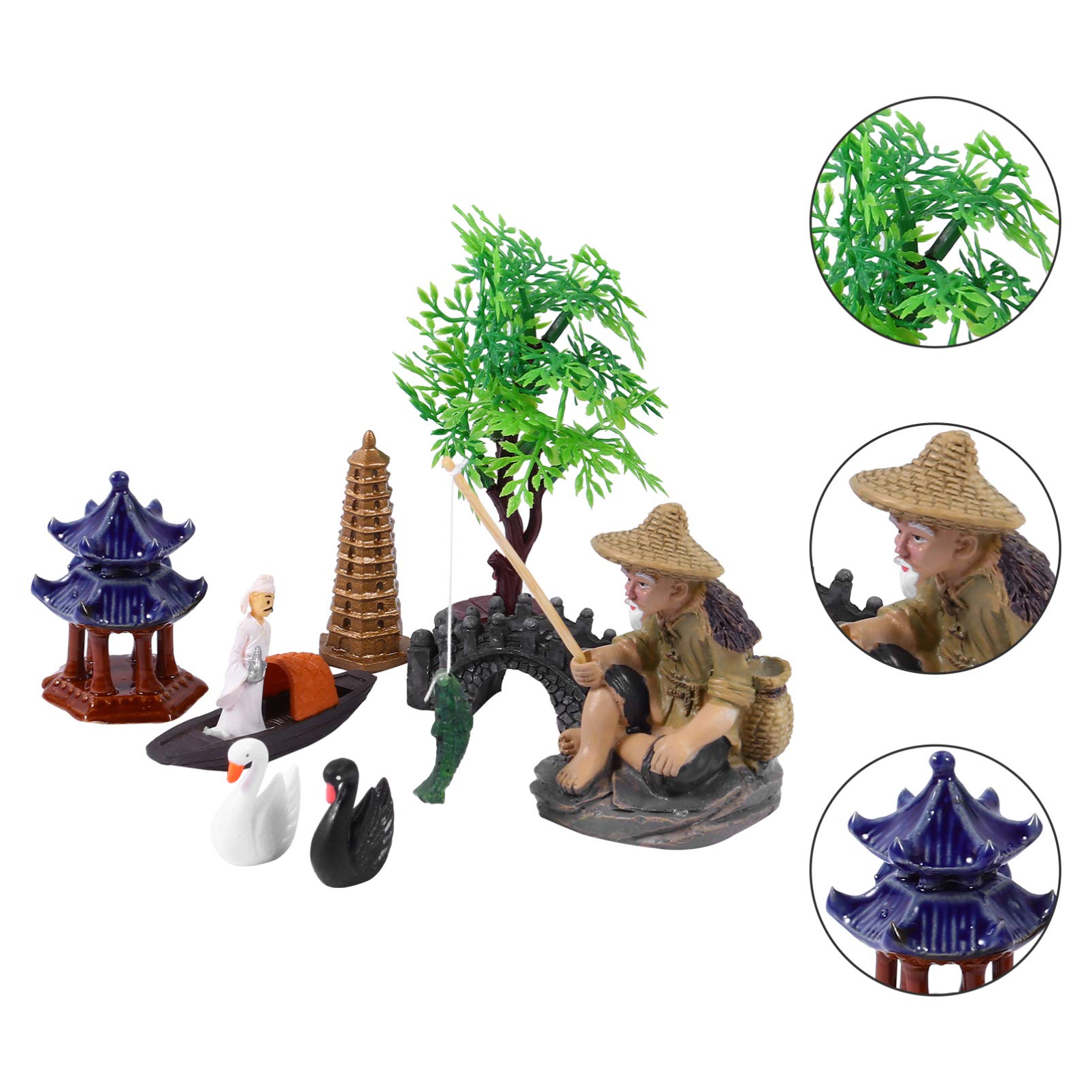 GANAZONO Desk Decor Miniature Fisherman Figurine Accessories Chinese Statue Mini Pond Ornament Miniature Pagoda Tower Bridge Tree Swan Bonsai Micro Landscaping Decor Office Desk Decor