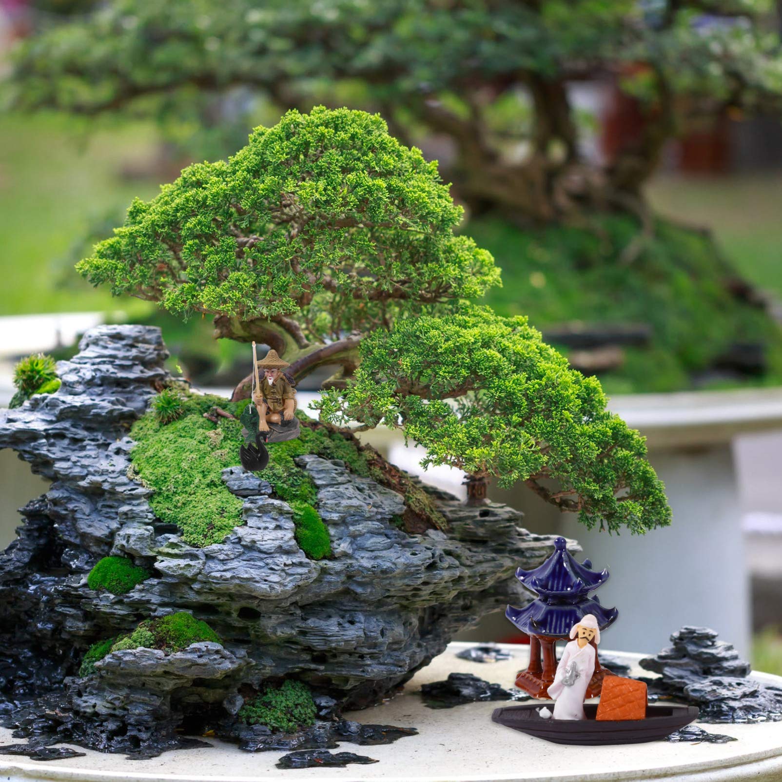 GANAZONO Desk Decor Miniature Fisherman Figurine Accessories Chinese Statue Mini Pond Ornament Miniature Pagoda Tower Bridge Tree Swan Bonsai Micro Landscaping Decor Office Desk Decor