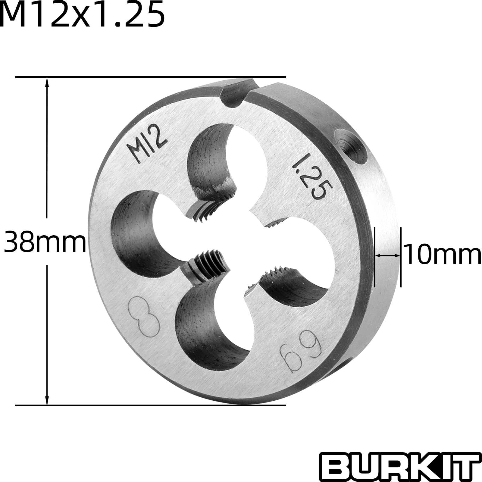 Burkit M12 X 1.25 Tap and Die Set Right Hand, M12 x 1.25 Machine Thread Tap and Round Die