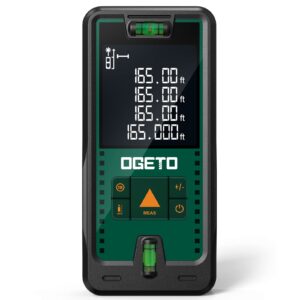 laser measure, ogeto 165 feet digital laser distance meter with 2 bubble levels,m/in/ft unit switching backlit lcd and pythagorean mode, measure distance, area and volume