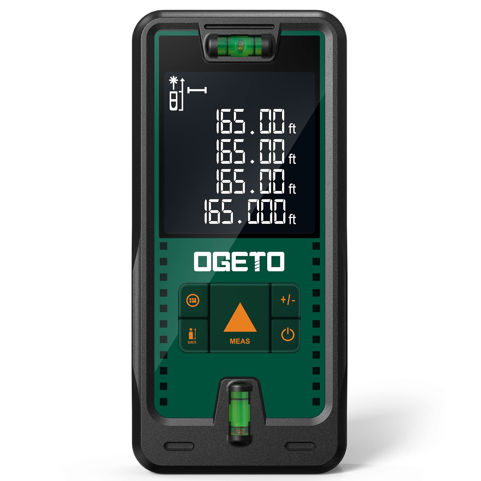 Laser Measure, Ogeto 165 Feet Digital Laser Distance Meter with 2 Bubble Levels,M/in/Ft Unit Switching Backlit LCD and Pythagorean Mode, Measure Distance, Area and Volume