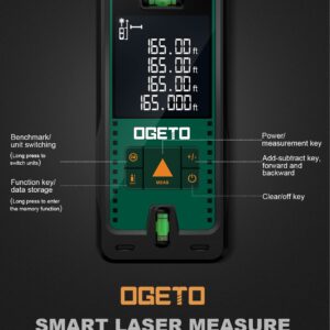 Laser Measure, Ogeto 165 Feet Digital Laser Distance Meter with 2 Bubble Levels,M/in/Ft Unit Switching Backlit LCD and Pythagorean Mode, Measure Distance, Area and Volume