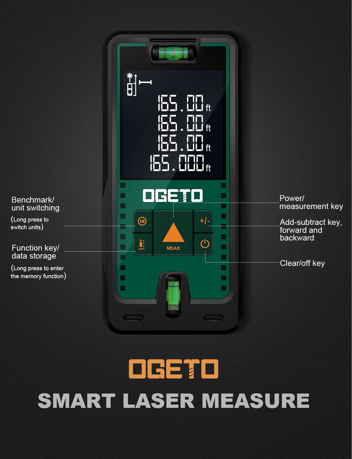 Laser Measure, Ogeto 165 Feet Digital Laser Distance Meter with 2 Bubble Levels,M/in/Ft Unit Switching Backlit LCD and Pythagorean Mode, Measure Distance, Area and Volume