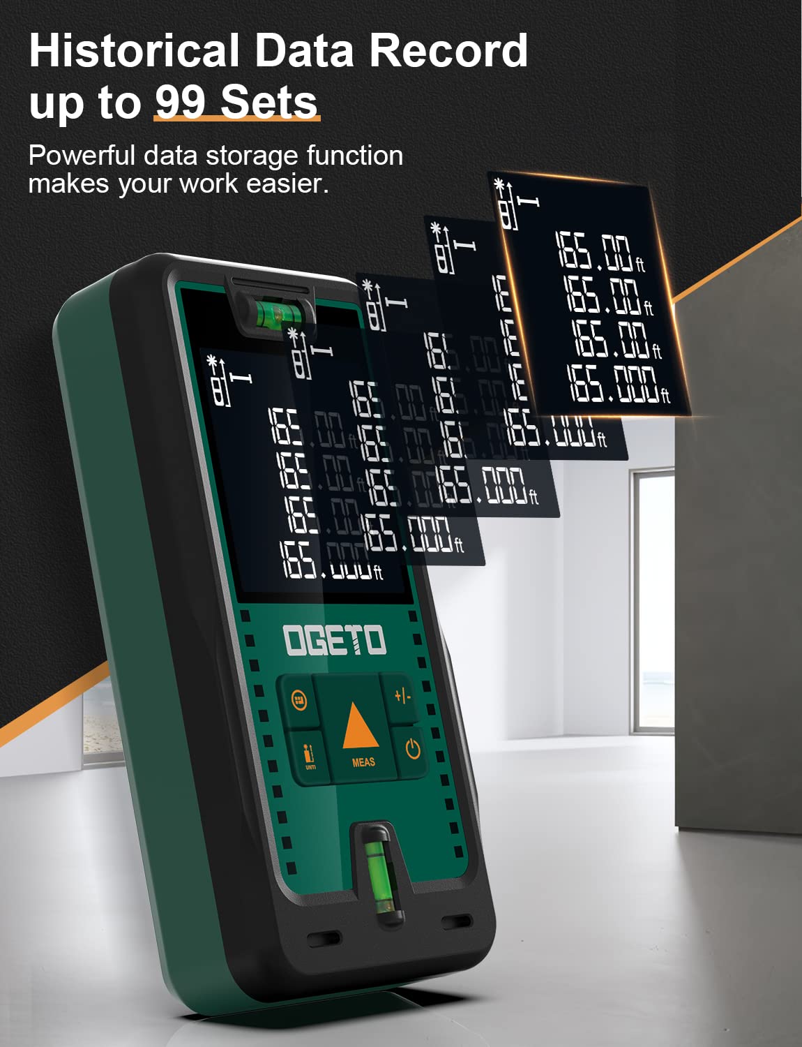 Laser Measure, Ogeto 165 Feet Digital Laser Distance Meter with 2 Bubble Levels,M/in/Ft Unit Switching Backlit LCD and Pythagorean Mode, Measure Distance, Area and Volume