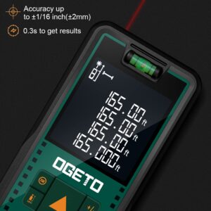 Laser Measure, Ogeto 165 Feet Digital Laser Distance Meter with 2 Bubble Levels,M/in/Ft Unit Switching Backlit LCD and Pythagorean Mode, Measure Distance, Area and Volume