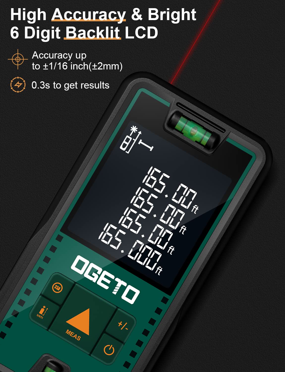 Laser Measure, Ogeto 165 Feet Digital Laser Distance Meter with 2 Bubble Levels,M/in/Ft Unit Switching Backlit LCD and Pythagorean Mode, Measure Distance, Area and Volume