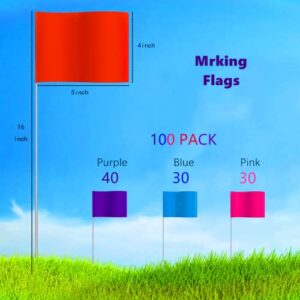 100 Pack Marking Flags Marker Flags for Lawn 4-Inch by 5-Inch Stake Flags with 16-Inch Wire Staffs (3 Colors B)