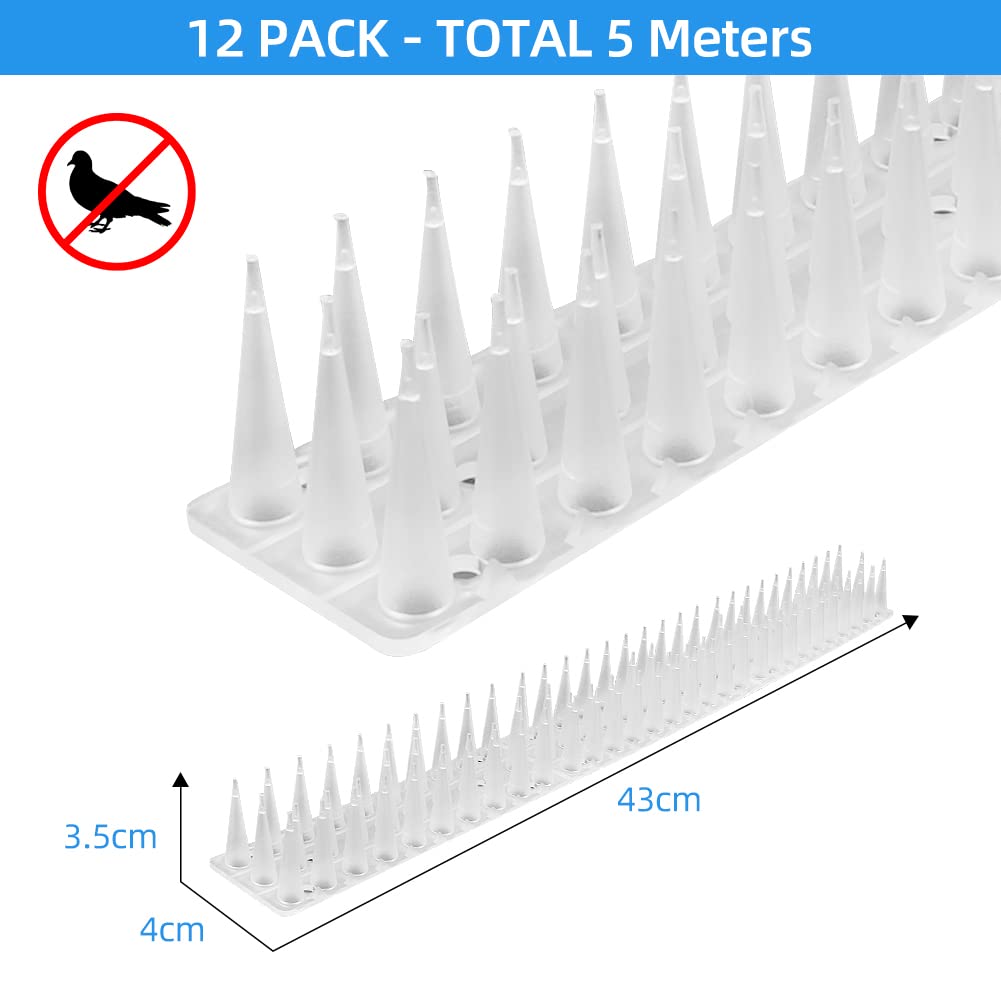 Bird Spikes, Bird Deterrent Spikes for Squirrel Raccoon Small Birds, Defender Spikes, Pigeon Spikes, Outdoor Anti Climb Anti Bird Fence Spikes for Roof, Windowsill, Covers 17 Feet(5.2m) - 12 Pack