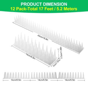 Bird Spikes, Bird Deterrent Spikes for Squirrel Raccoon Small Birds, Defender Spikes, Pigeon Spikes, Outdoor Anti Climb Anti Bird Fence Spikes for Roof, Windowsill, Covers 17 Feet(5.2m) - 12 Pack