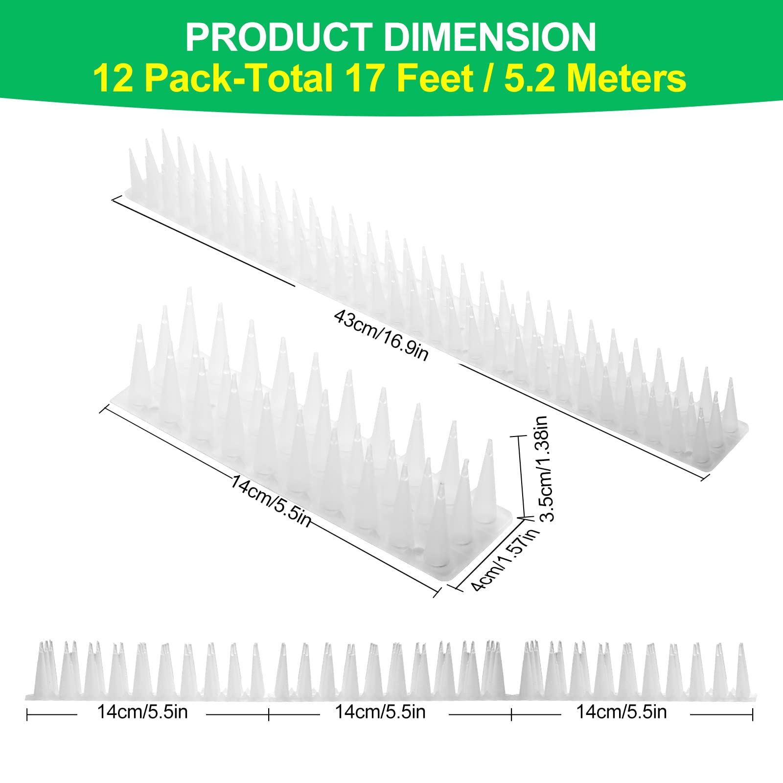 Bird Spikes, Bird Deterrent Spikes for Squirrel Raccoon Small Birds, Defender Spikes, Pigeon Spikes, Outdoor Anti Climb Anti Bird Fence Spikes for Roof, Windowsill, Covers 17 Feet(5.2m) - 12 Pack