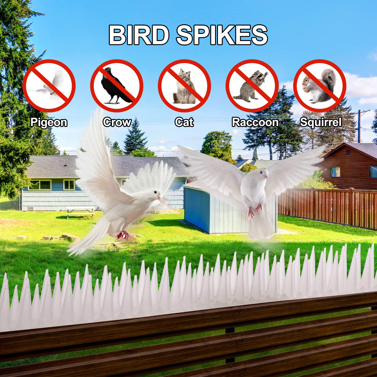 Bird Spikes, Bird Deterrent Spikes for Squirrel Raccoon Small Birds, Defender Spikes, Pigeon Spikes, Outdoor Anti Climb Anti Bird Fence Spikes for Roof, Windowsill, Covers 17 Feet(5.2m) - 12 Pack