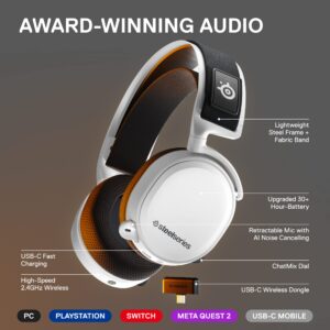 SteelSeries Arctis 7+ Wireless Gaming Headset – Lossless 2.4 GHz – 30 Hour Battery Life – USB-C – 7.1 Surround – For PC, PS5, PS4, Mac, Android and Switch – White