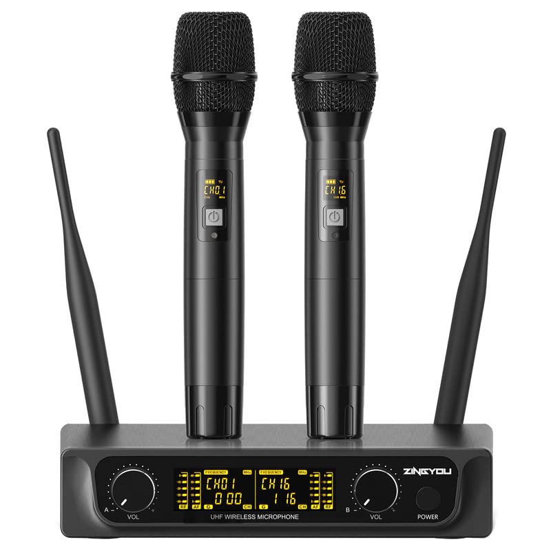 ZINGYOU Wireless Microphone System, UHF Professional Dual Handheld Dynamic Cordless Microphone Set with LCD Display, Suitable for Karaoke, Party Singing, Meeting, Church, and Home KTV Set, S2 (Black)