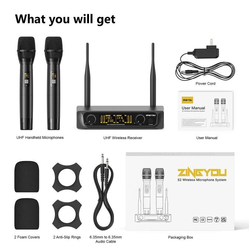 ZINGYOU Wireless Microphone System, UHF Professional Dual Handheld Dynamic Cordless Microphone Set with LCD Display, Suitable for Karaoke, Party Singing, Meeting, Church, and Home KTV Set, S2 (Black)