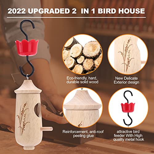 Wooden Hummingbird House Feeder with Rust Resistant Hooks,2024 New Garden Swing Nesting Kits for Outside Hanging Bird Finch Houses Home Decoration with Brush Nylon Lanyard