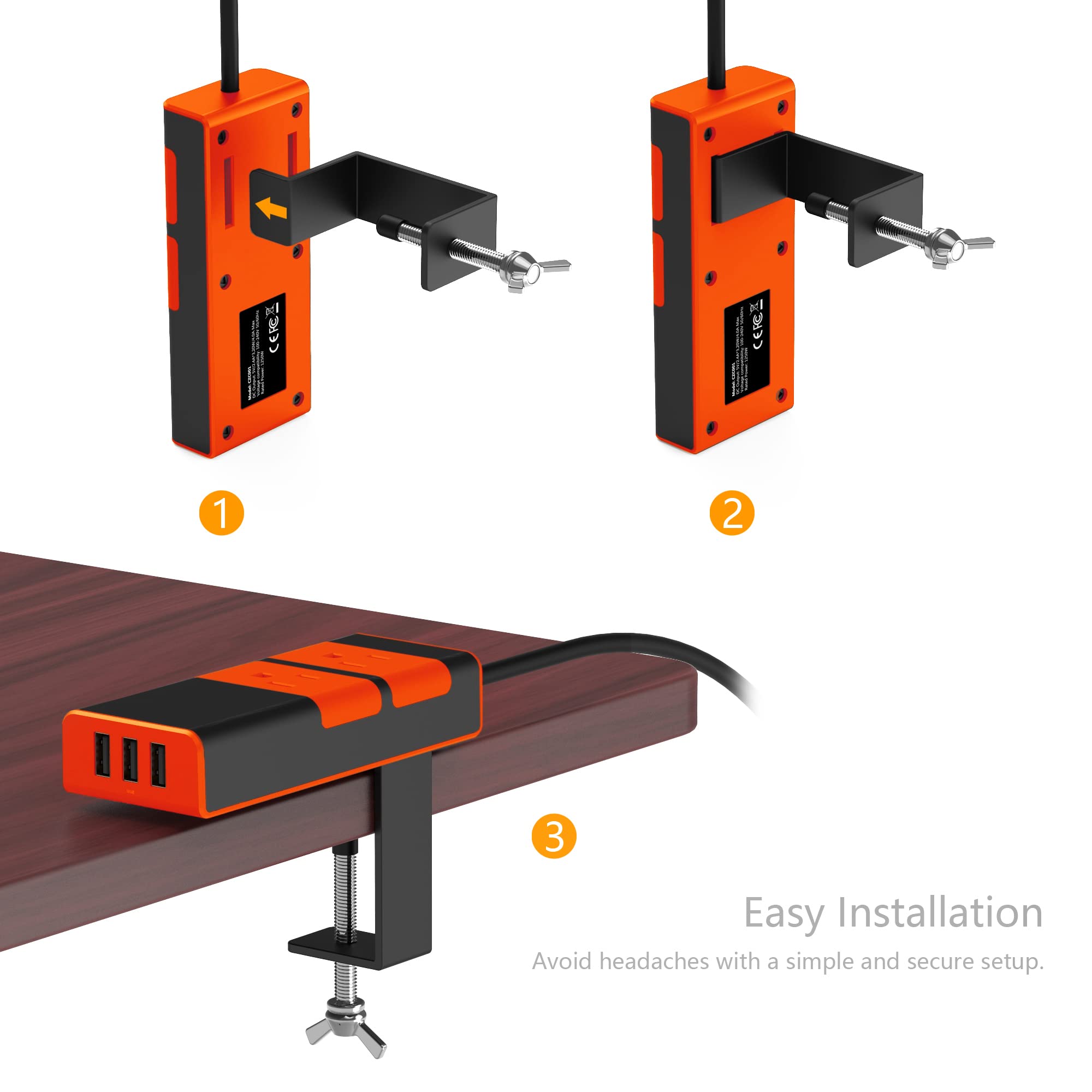 Surge Protector Power Strip Metal Desk Mount Clamp,Under Desk Mount USB Charging Power Station with 2 AC Outlet and 3 USB Ports, Flat Plug, Removable Clamp for School Home, Office (5FT Power Cord)