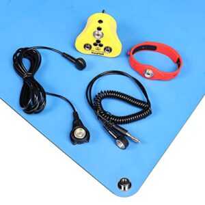 4 in 1, KooMall Ground Kit- Anti Static Wrist Strap, ESD Plug, Screw Stud & 10ft Grounding Cord with 2 Banana Jacks for Antistatic Bench Table Floor Mat, Ground by Outlet Socket Silicone Wristband