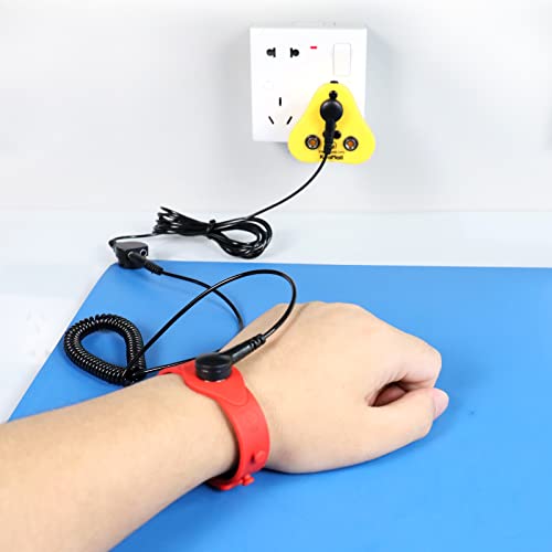 4 in 1, KooMall Ground Kit- Anti Static Wrist Strap, ESD Plug, Screw Stud & 10ft Grounding Cord with 2 Banana Jacks for Antistatic Bench Table Floor Mat, Ground by Outlet Socket Silicone Wristband