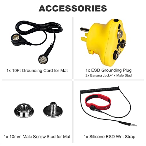 4 in 1, KooMall Ground Kit- Anti Static Wrist Strap, ESD Plug, Screw Stud & 10ft Grounding Cord with 2 Banana Jacks for Antistatic Bench Table Floor Mat, Ground by Outlet Socket Silicone Wristband