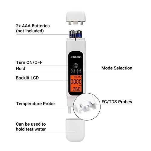 INKBIRD Water TDS Meter 3 in 1 Digital Water Quality Tester (TDS, EC & Temp), Data Lock Function, Instant Reading with High Accuracy, for Drinking Water, Aquariums, Swimming Pool, Hydroponic Setups