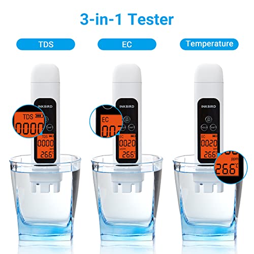 INKBIRD Water TDS Meter 3 in 1 Digital Water Quality Tester (TDS, EC & Temp), Data Lock Function, Instant Reading with High Accuracy, for Drinking Water, Aquariums, Swimming Pool, Hydroponic Setups