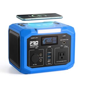 portable power station 350w (500w surge), prostormer 299.5wh/83200mah backup lithium battery with 110v ac outlet and wireless charger, solar generator for outdoor camping, rv travel and home emergency