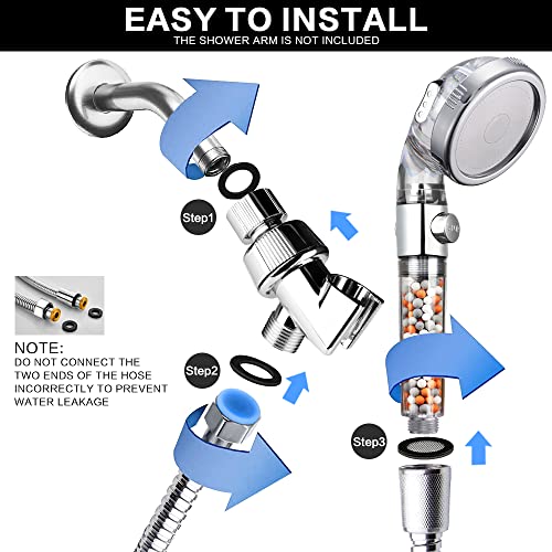 AmasSmile High Pressure Shower Head with Pause Switch - Hydro Jet Vortex Shower Head Handheld Turbocharged Water Saving Ion Filtered with 3 Spray Setting, 59” Stainless Steel Hose and Bracket