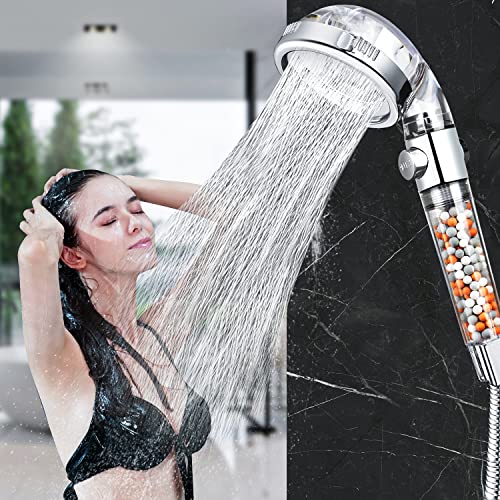 AmasSmile High Pressure Shower Head with Pause Switch - Hydro Jet Vortex Shower Head Handheld Turbocharged Water Saving Ion Filtered with 3 Spray Setting, 59” Stainless Steel Hose and Bracket