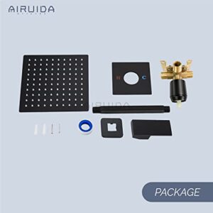 Airuida Matte Black Shower Faucet Set 12 Inch Square Shower Head and Handle Set Single Function Shower Trim Kit Ceiling Mount Bathroom with Male Threads and Rough-in Valve