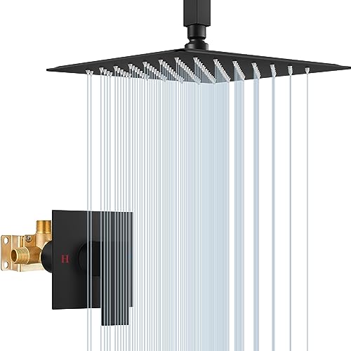 Airuida Matte Black Shower Faucet Set 12 Inch Square Shower Head and Handle Set Single Function Shower Trim Kit Ceiling Mount Bathroom with Male Threads and Rough-in Valve