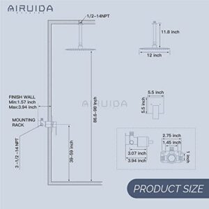 Airuida Matte Black Shower Faucet Set 12 Inch Square Shower Head and Handle Set Single Function Shower Trim Kit Ceiling Mount Bathroom with Male Threads and Rough-in Valve