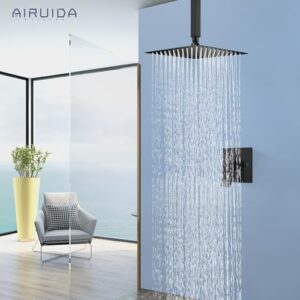 Airuida Matte Black Shower Faucet Set 12 Inch Square Shower Head and Handle Set Single Function Shower Trim Kit Ceiling Mount Bathroom with Male Threads and Rough-in Valve