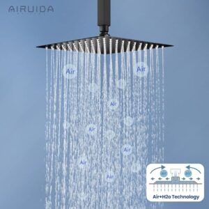 Airuida Matte Black Shower Faucet Set 12 Inch Square Shower Head and Handle Set Single Function Shower Trim Kit Ceiling Mount Bathroom with Male Threads and Rough-in Valve